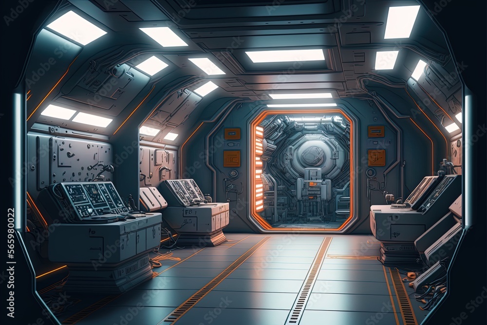 Photographic raster image of a realistic space station interior for a ...