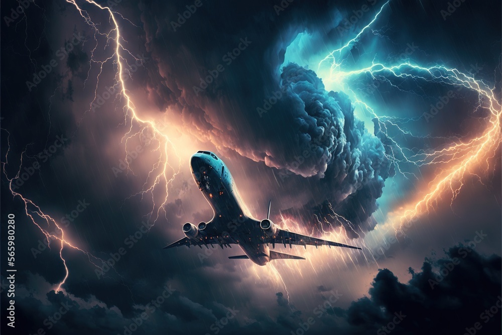 a plane flying through a storm filled sky with lightning coming from ...