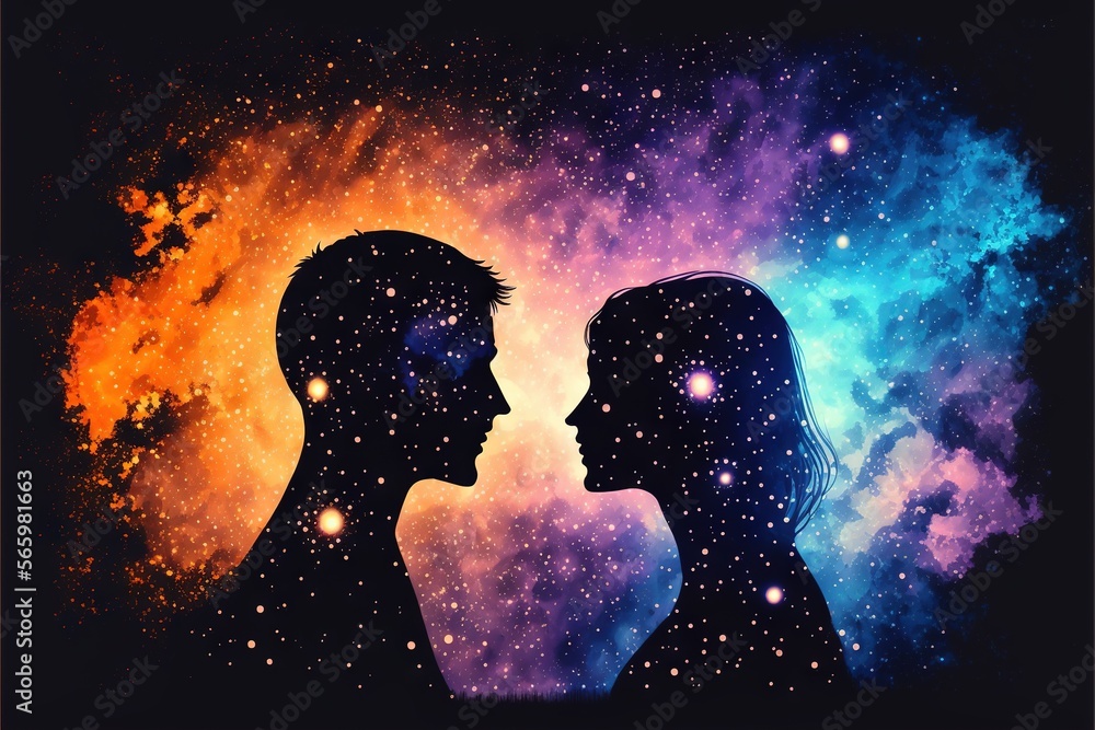 two people are facing each other in front of a colorful background with ...