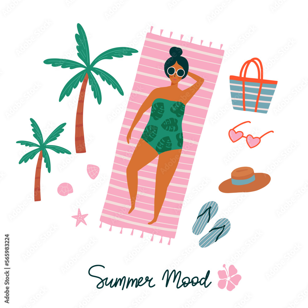 Vector summer time illustration card with sunbathing young women, palm ...