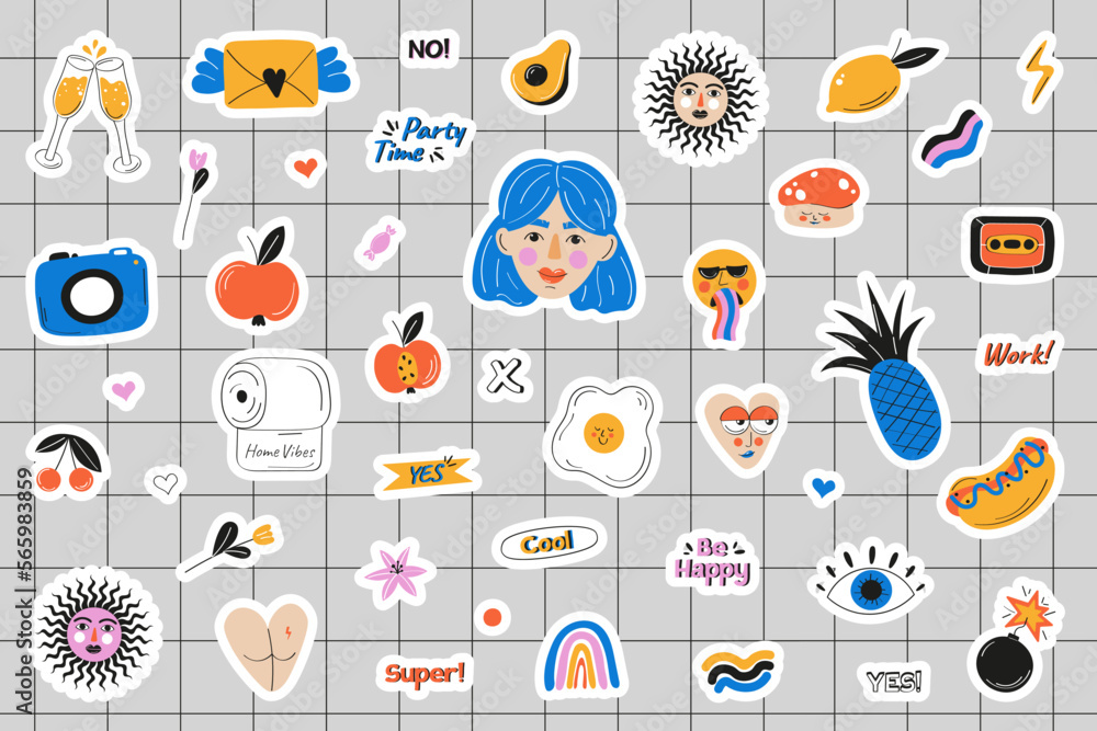 Set of sticker, vector flat illustration. Cute sticker template ...
