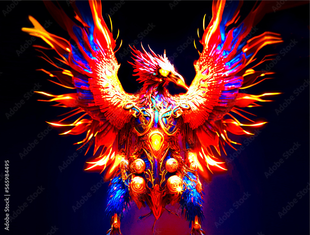 luxury elegant Illustration of a robot phoenix flying in fire. Symbol ...