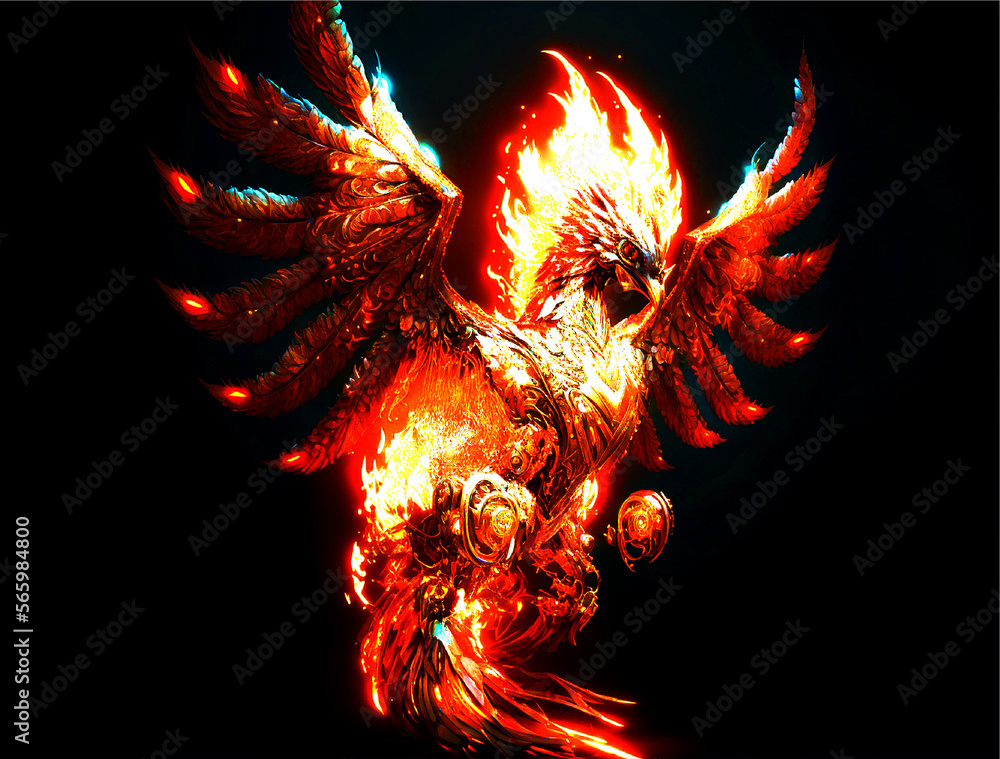 luxury elegant Illustration of a robot phoenix flying in fire. Symbol ...
