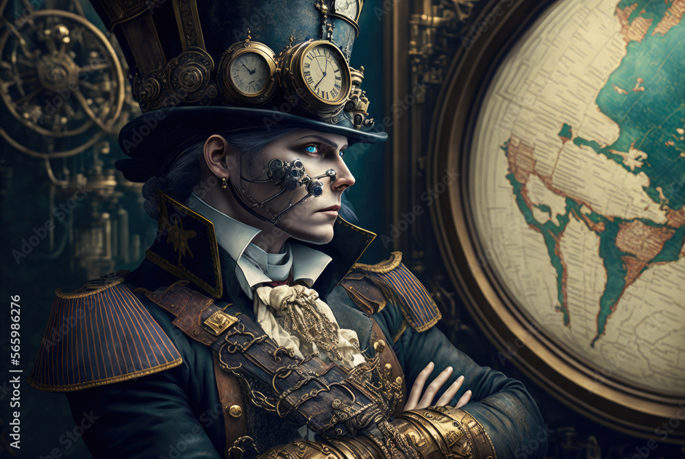 A portrait of an attractive steampunk style woman standing near a big ...