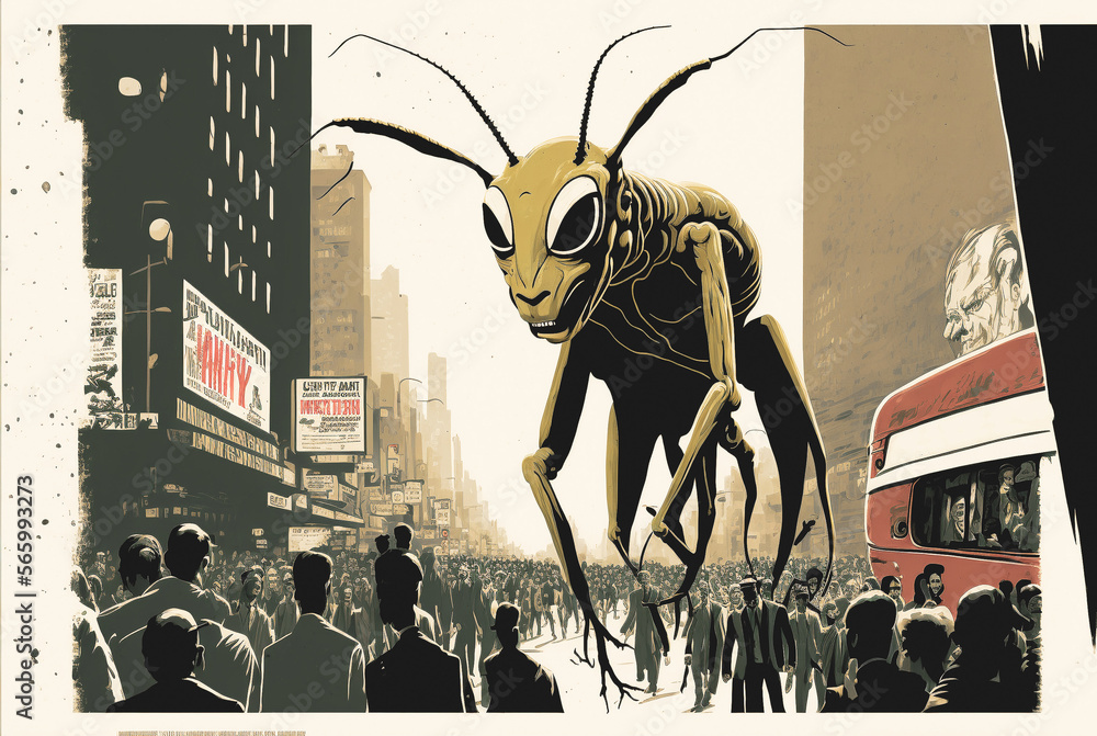 Giant praying mantis monster attacking a city. Monster movie poster ...