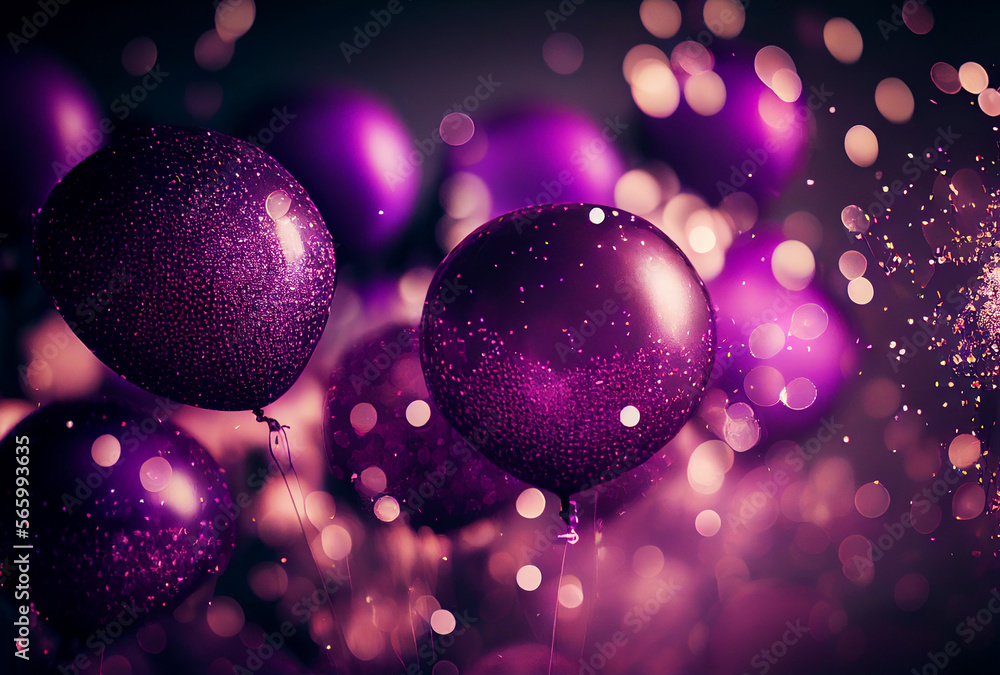 Holidays background with purple balloons, confetti, sparkles, lights ...