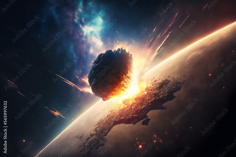 Asteroid impact, end of world, judgment day. Group of burning exploding ...