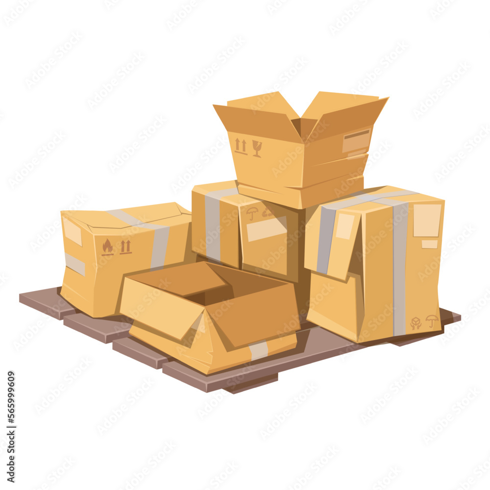 Cardboard broken boxes on wooden pallet vector illustration. Cartoon ...