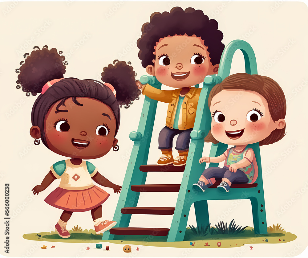 Cartoon three little kids playing on a playground in a park. Summer ...