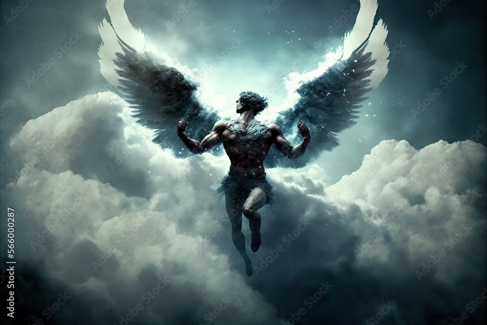 artistic painting of a winged man above the clouds freed from stress Ai ...