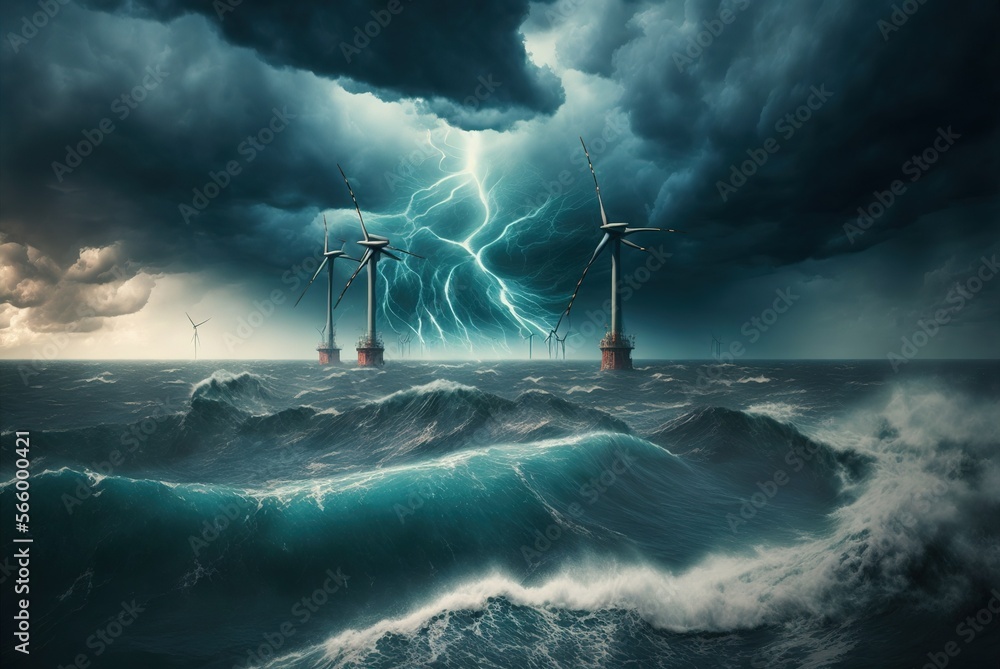 Offshore storms can cause damage to wind turbine farms. AI generated ...