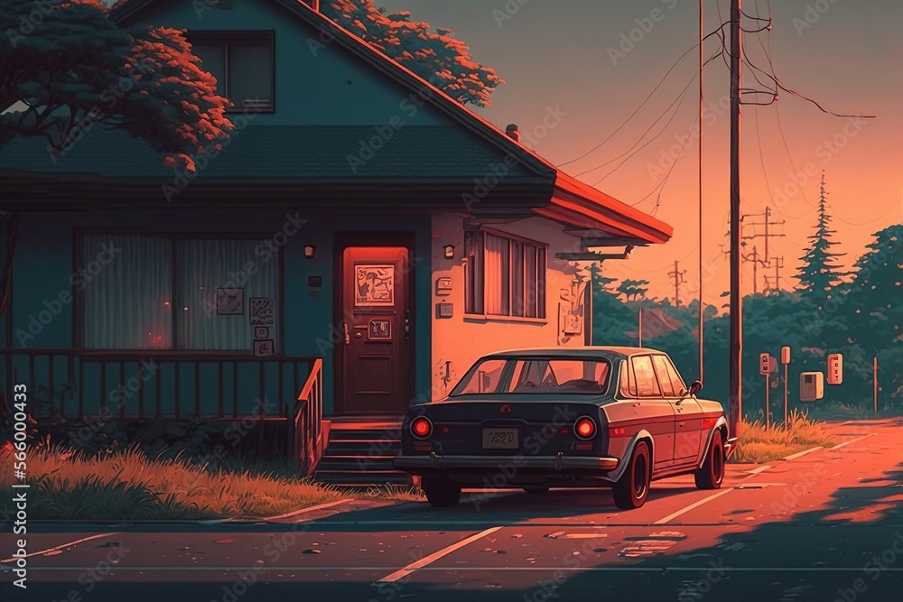 An 80s-style house with an old-fashioned car parked next to it, warm ...