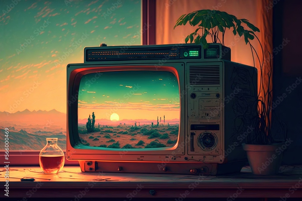 An oldschool 80s style TV displaying a picturesque desert landscape at ...