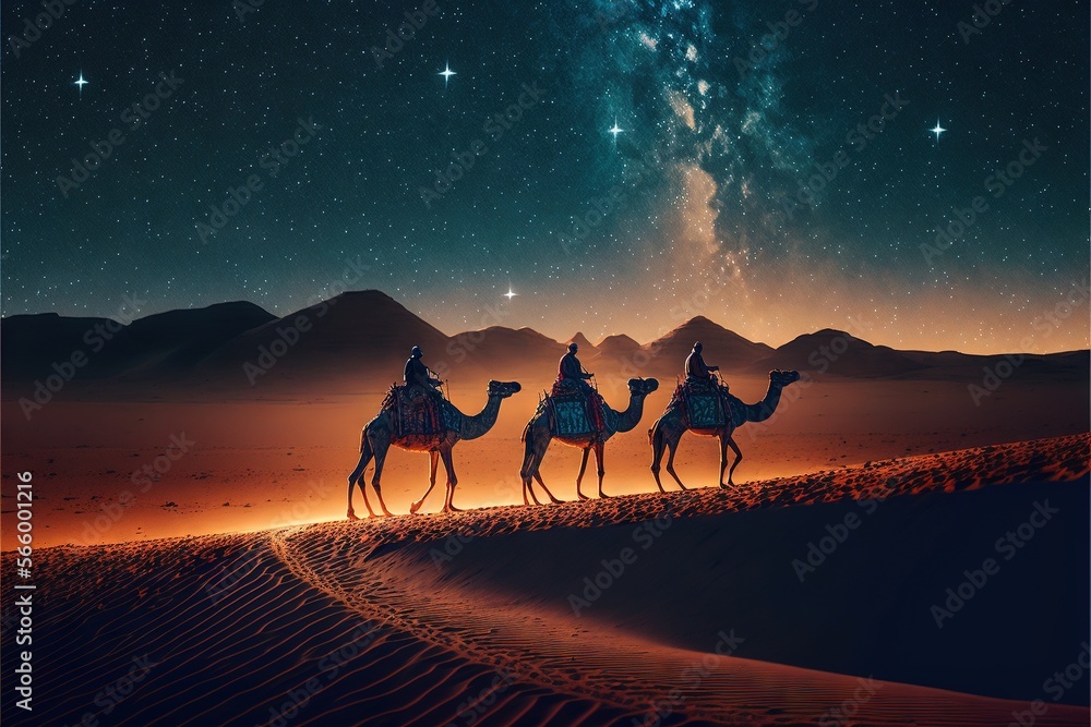 three camels walking in the desert at night with the stars in the sky above them and the milky ...