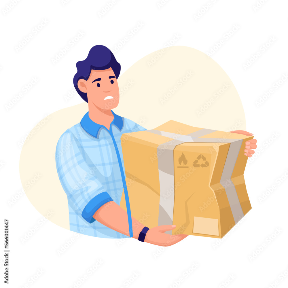 Sad customer holding broken cardboard box vector illustration. Cartoon ...