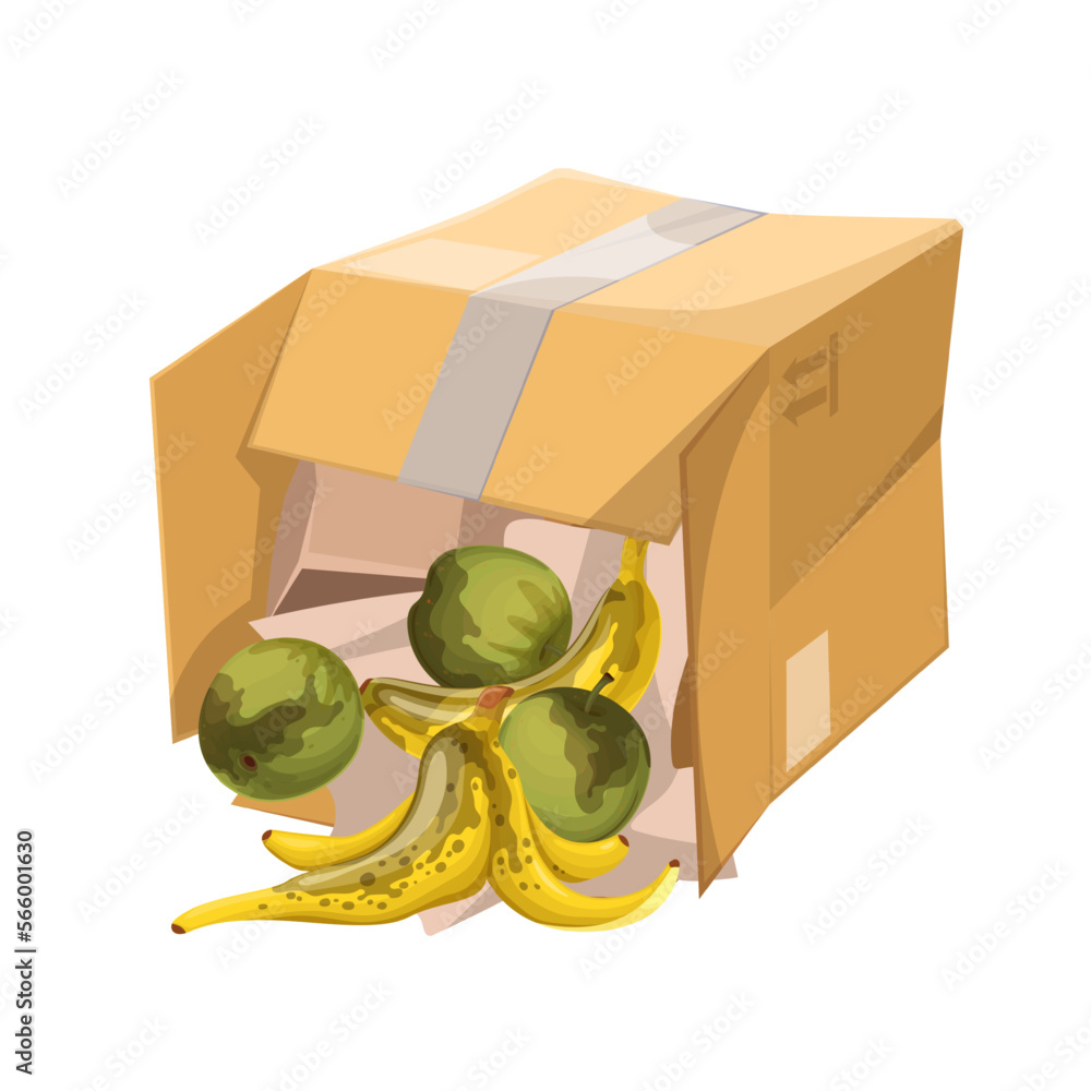 Crushed cardboard box with falling bruised moldy fruit vector ...