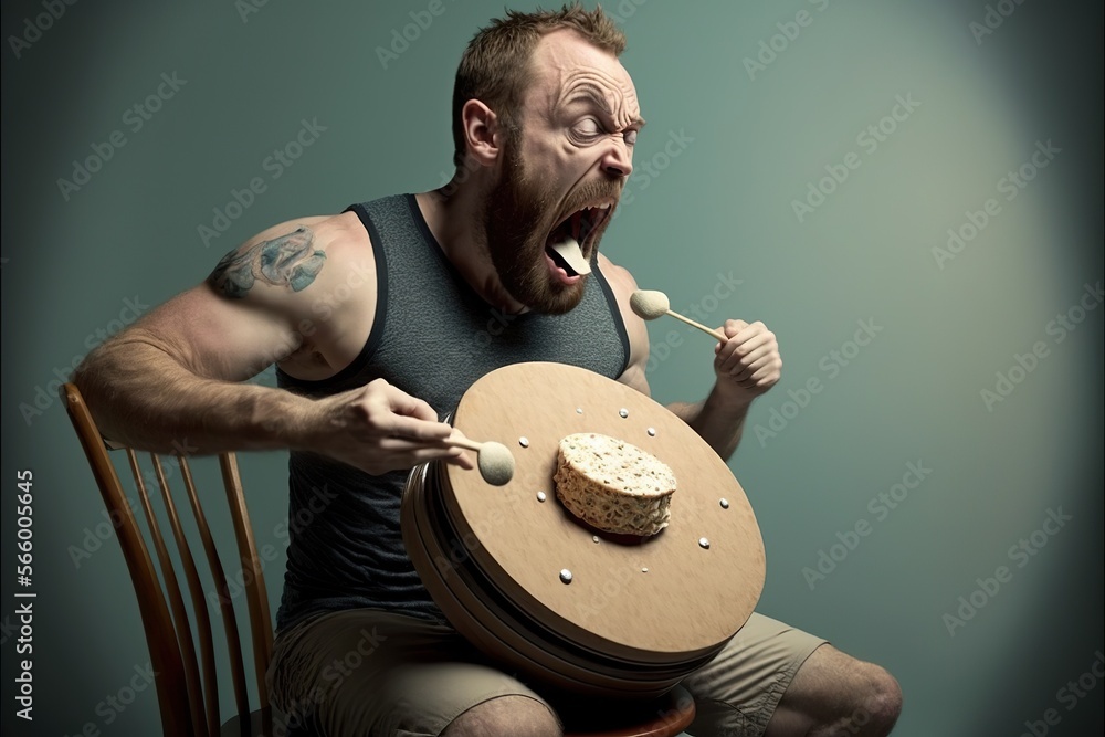 Drummer eats from a plate made from a drum, concept of using sticks for ...