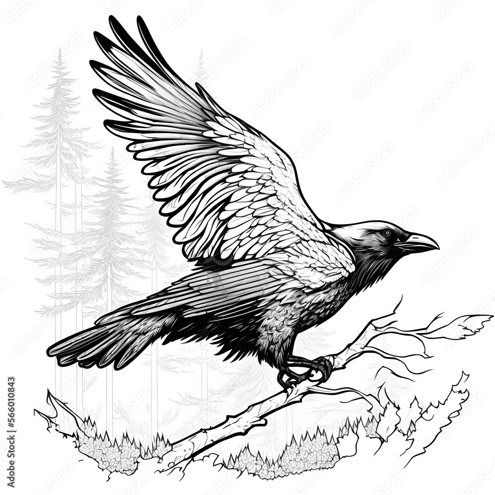 coloring book Flying Raven line art black and white cartoon shader ...