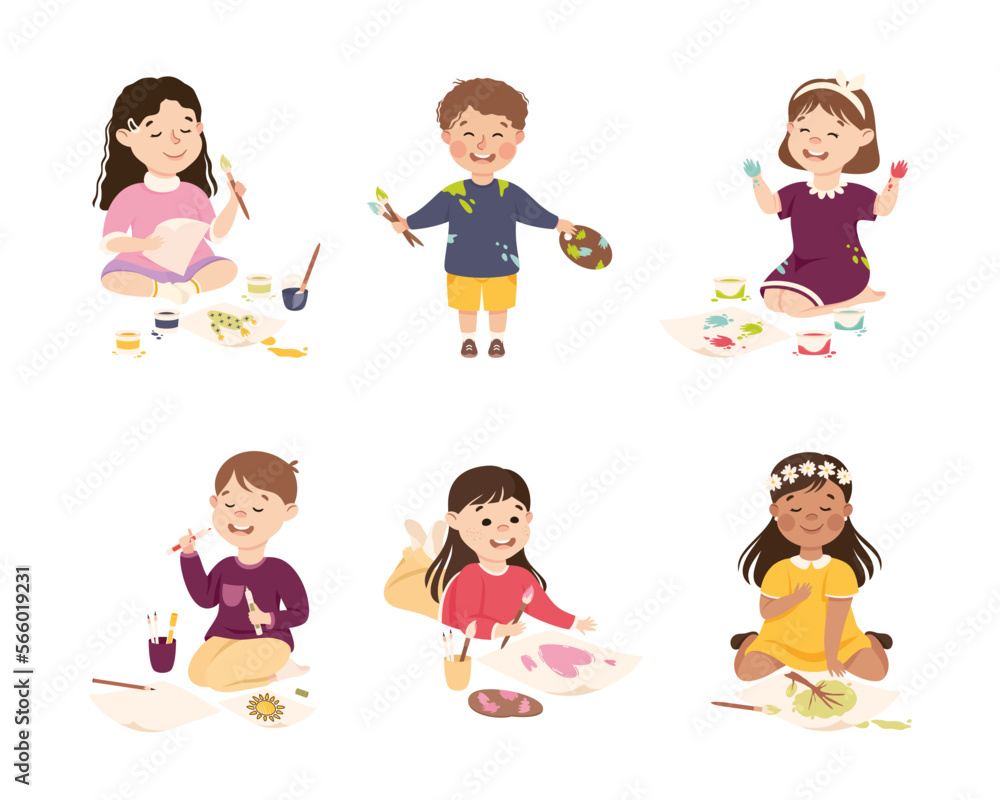 Happy Cute Kids Drawing and Painting on Paper with Brush and Color Pen ...