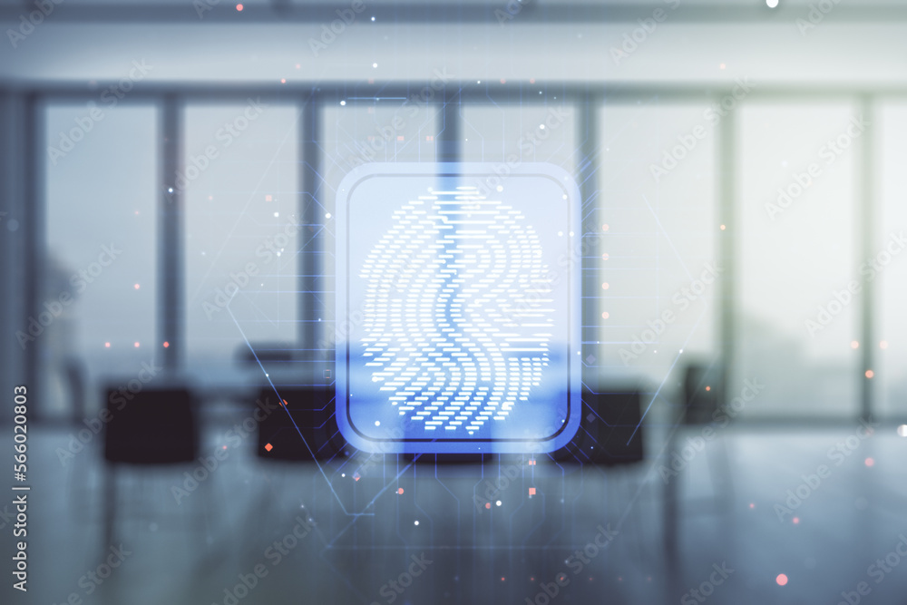 Abstract virtual fingerprint illustration on a modern coworking room ...
