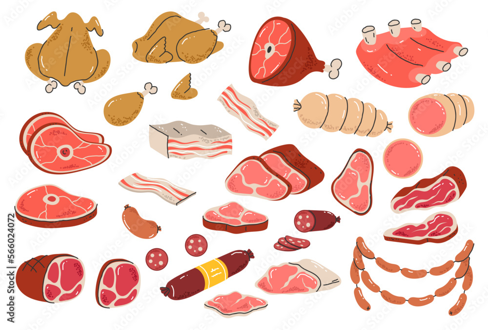Meat beef chicken vector food illustration sausage cartoon raw chopped ...