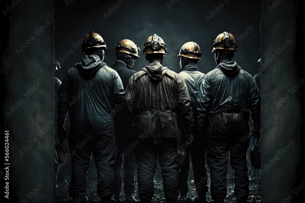Group of miners wearing safety helmets standing in the mine. Team work ...