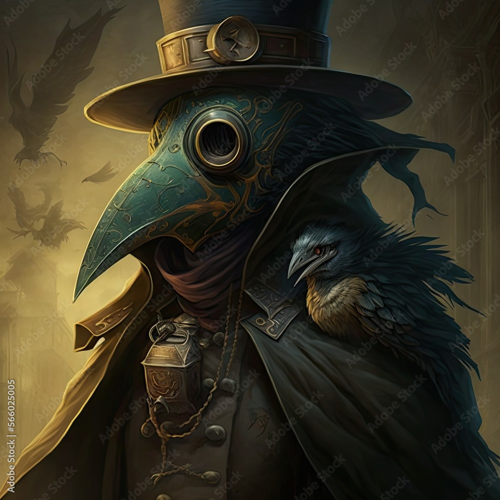 plague doctor with green mask, yellow hat and steampunk outfit, with ...
