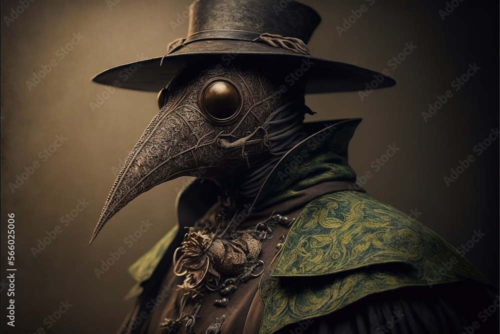 plague doctor with mask, hat and green medieval outfit, yellowish background illustration ...