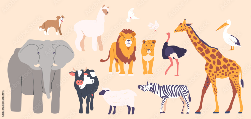 Set of Domestic and Wild Animals Isolated Icons. Elephant and Dog ...
