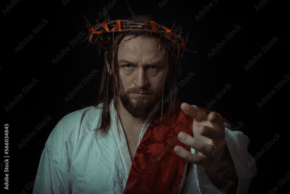 Jesus Christ wearing a crown of thorns and white chiton toga mantle ...