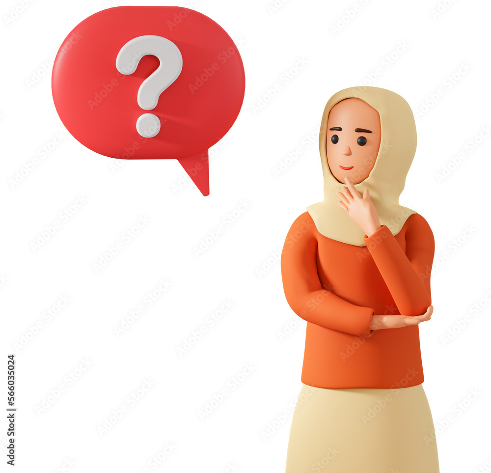 3D illustration of thinking young muslim woman in hijab looking at ...