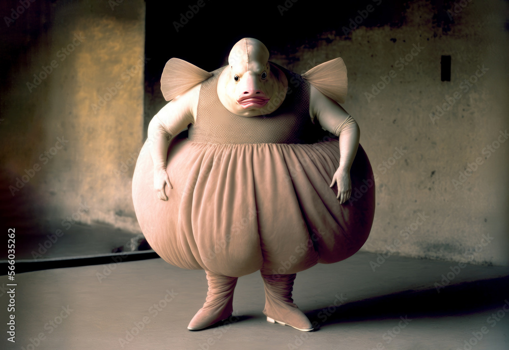 Big monster with fat fish shape wearing a brown dancer dress on a dark ...