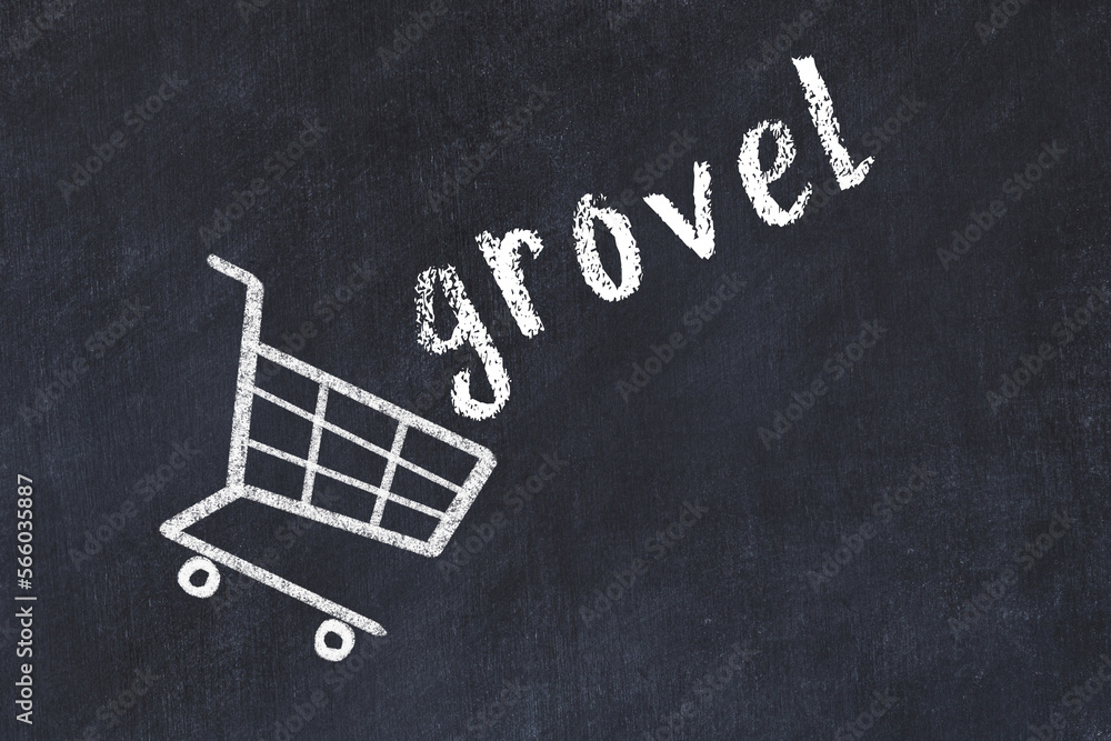 Chalk drawing of shopping cart and word grovel on black chalboard ...