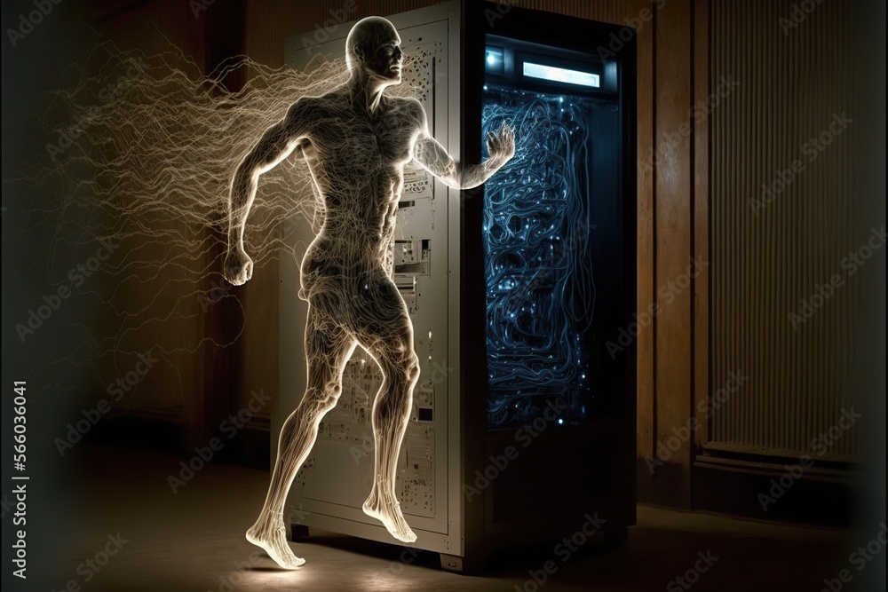 Human soul entering computer server, concept of Digital Transformation ...