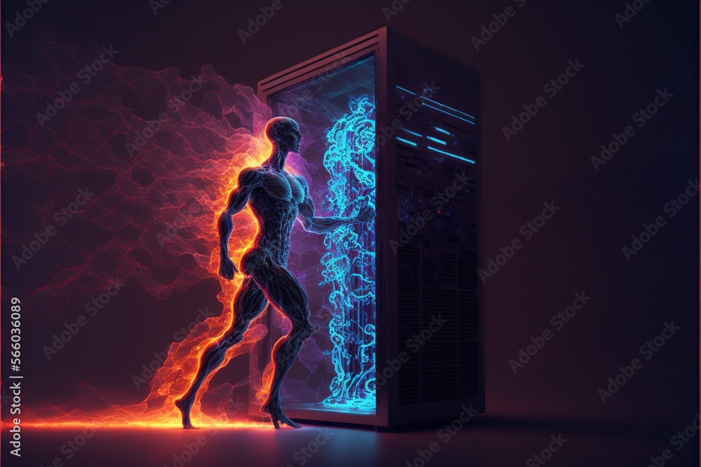 Human soul entering computer server, concept of Digital Transformation ...