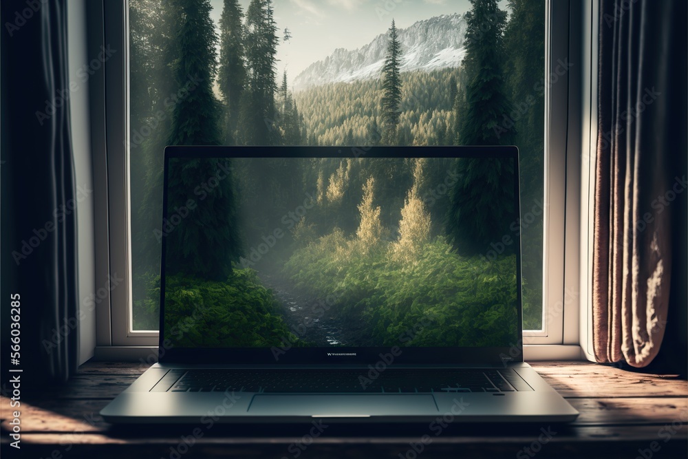 Laptop in front of a window with a view of a forest, concept of remote ...