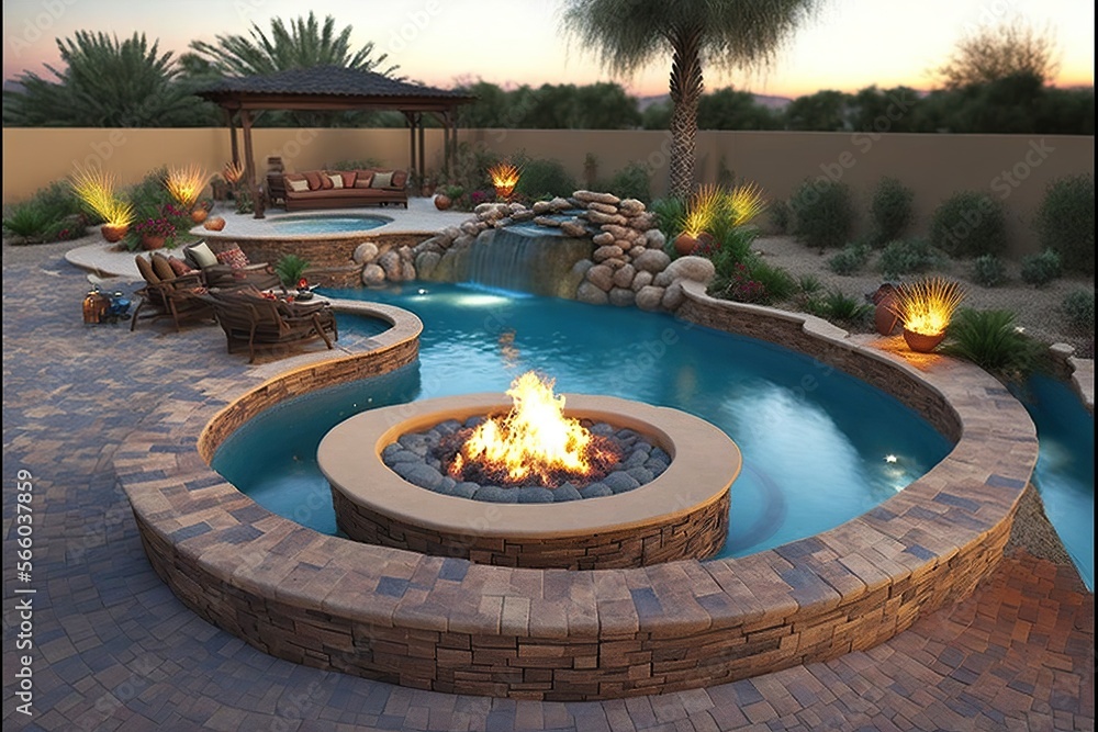 Pool with a built-in hot tub and a fire pit nearby, concept of ...