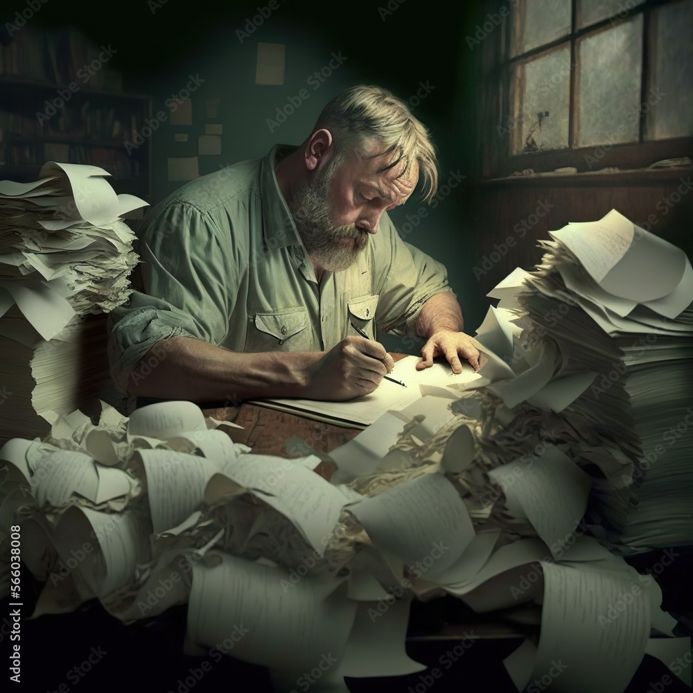 Rare view of a teacher doing a lot of paper work, concept of Time ...