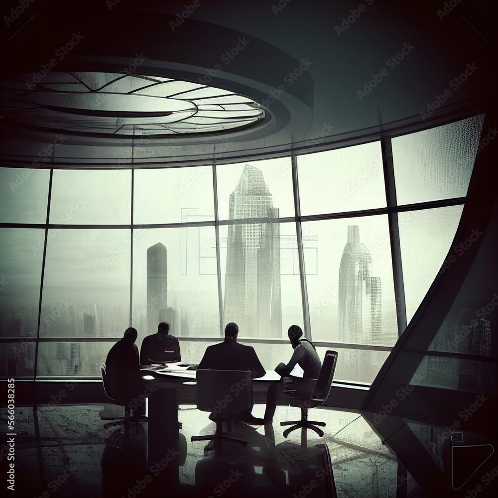 Business meeting, futuristic theme, inside a room in a high-rise ...