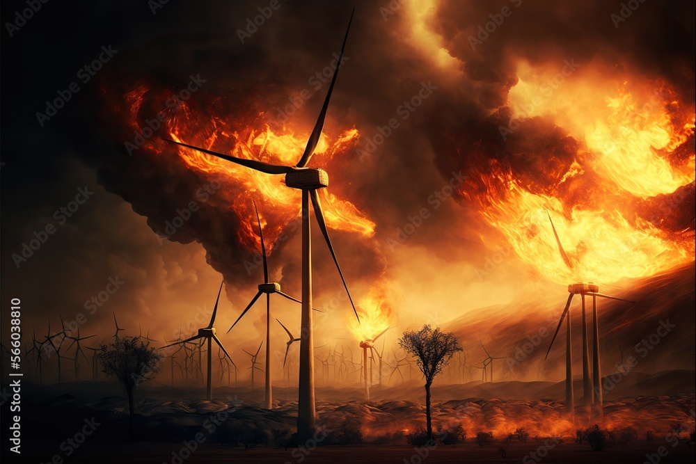 View of a wind farm with turbines on fire, concept of Energy Crisis and ...