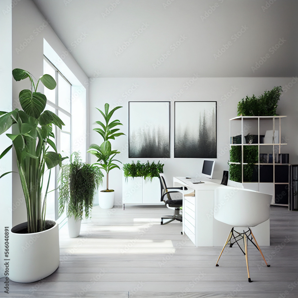 Minimalist office interior with plants, minimal workplace design ...