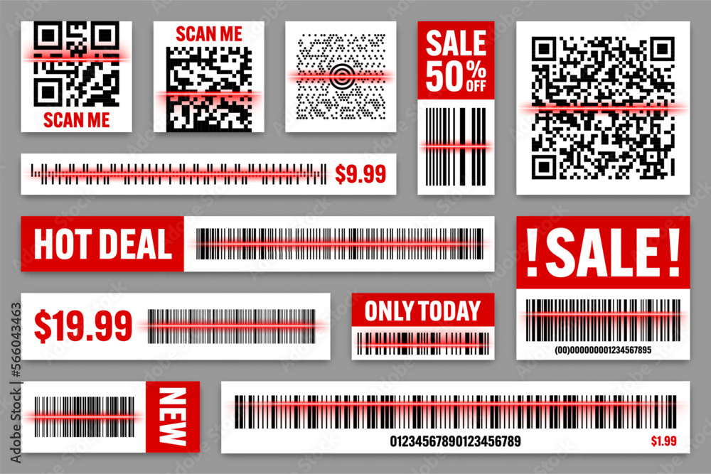 Product barcodes and QR codes with red scanning line. Sale stickers ...
