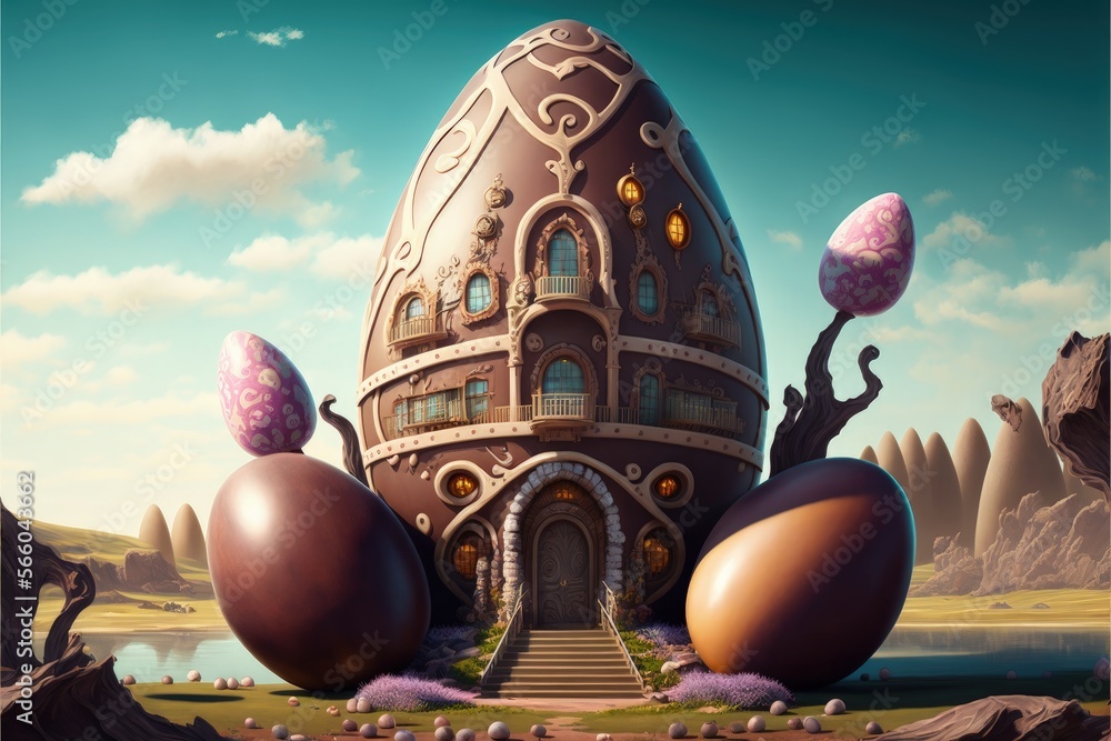 Chocolate factory in fantasy world, giant easter egg factory, digital ...