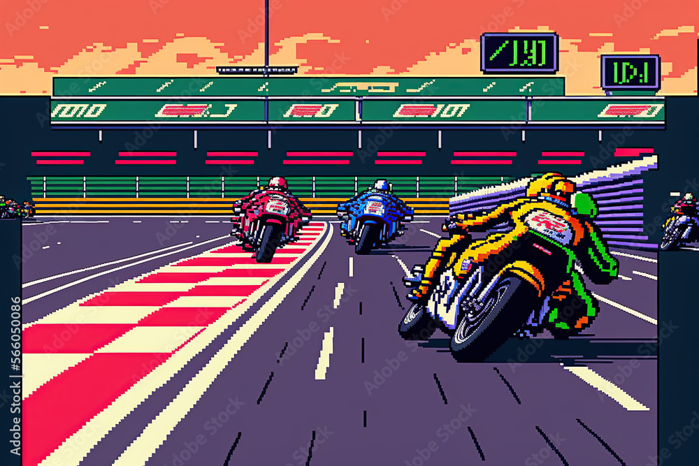 A motorbike race on an racetrack, Retro computer games level. Pixel art ...