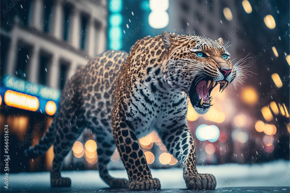 Bare teeth angry wild leopard roars in town urban background ...