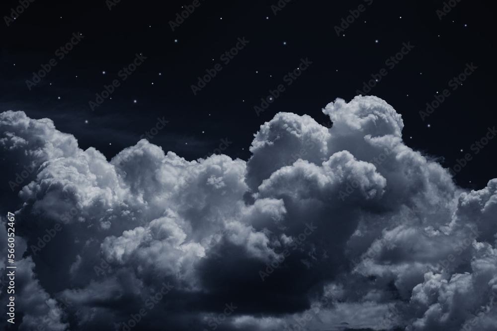 Black dark blue night sky with stars. White cumulus clouds. Moonlight ...