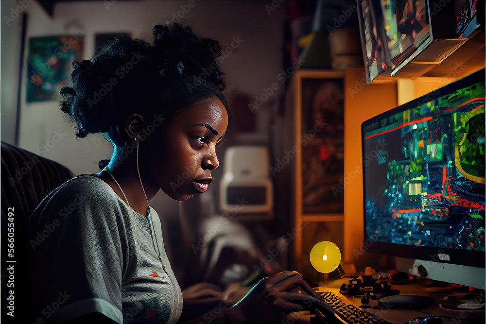 young 25-year-old gen Z black female gamer playing video games using an ...