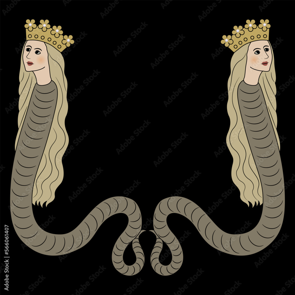 Symmetrical design with two fantastic female snakes in royal crowns ...