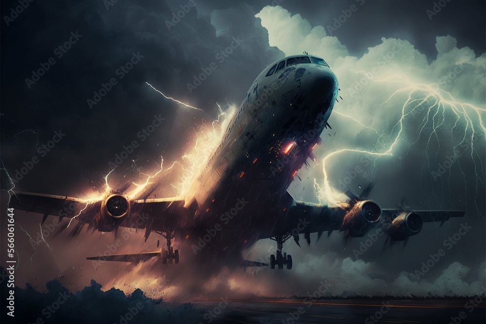 Passengers plane hit by a lightning thunder in a bad weather storm ...