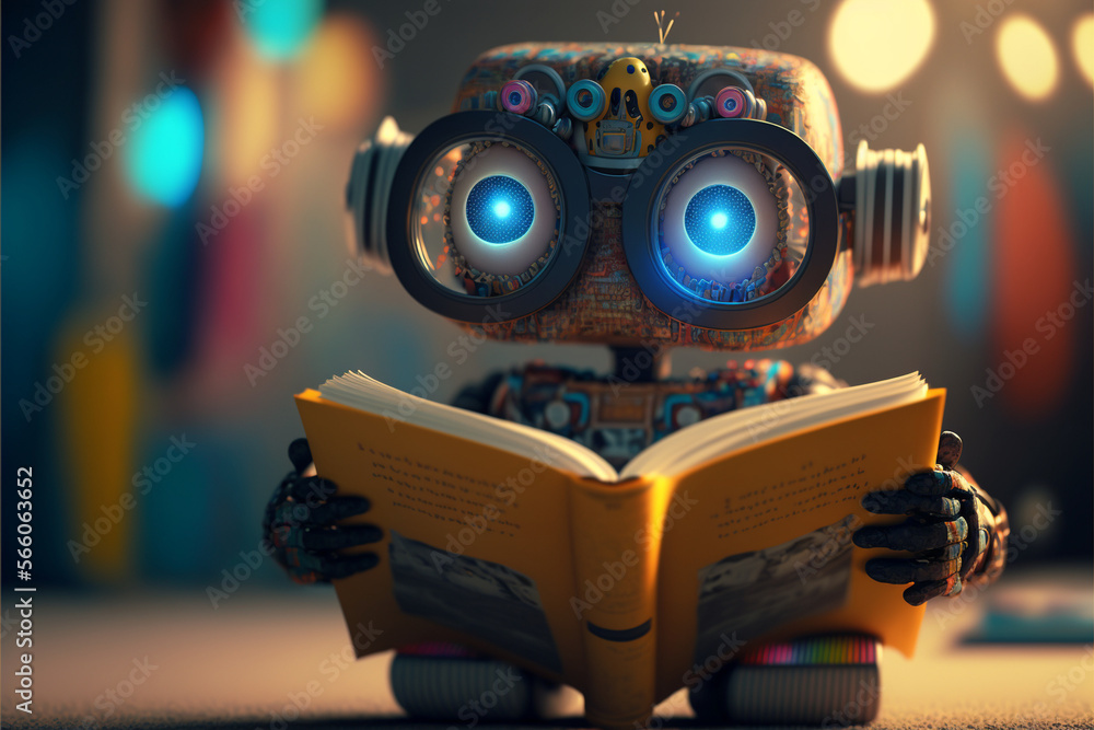 Cute baby robot reading a book, cartoon style, anthropomorphic art ...